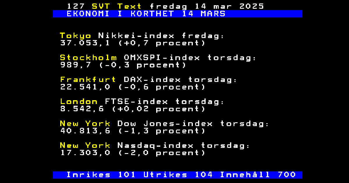 127 - Notiser: Tokyo, Stockholm, Frankfurt,