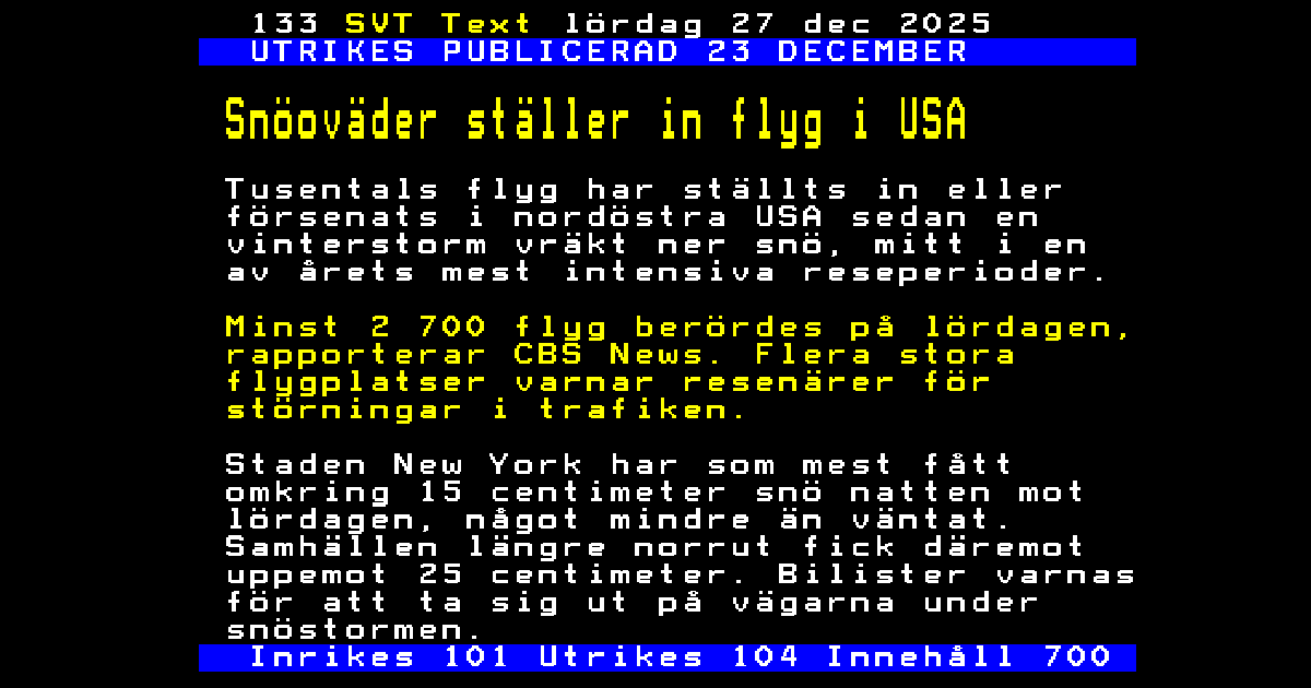 133 - Snöoväder ställer in flyg i USA